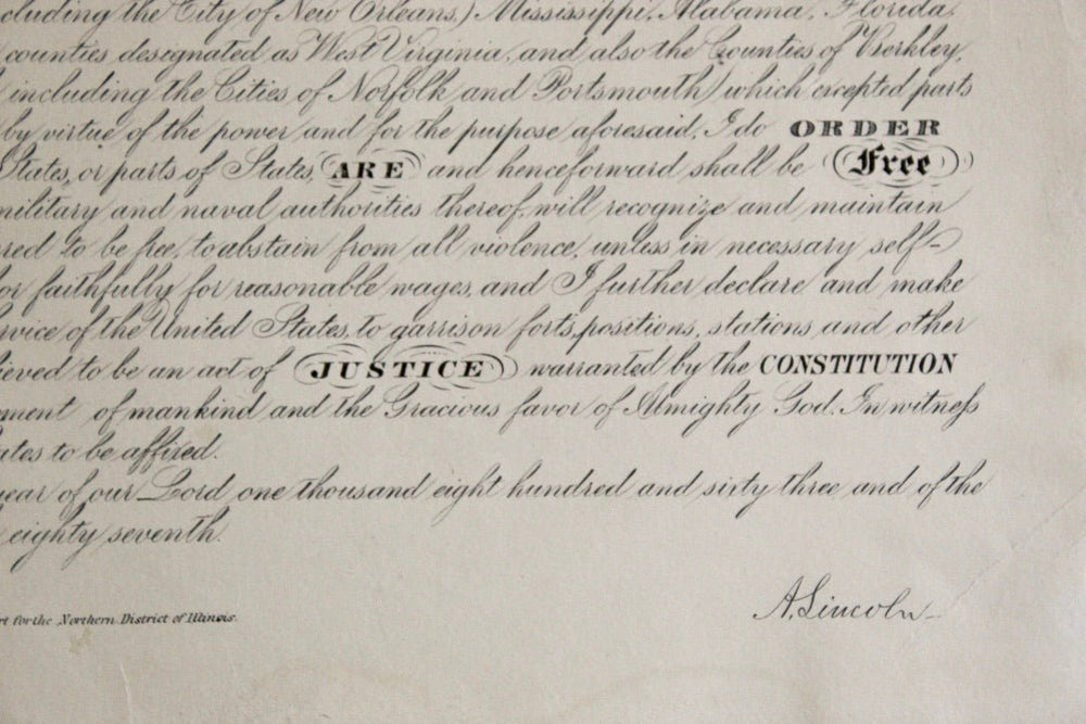 1864 Engraving of President Lincoln's "Proclamation of Emancipation" b