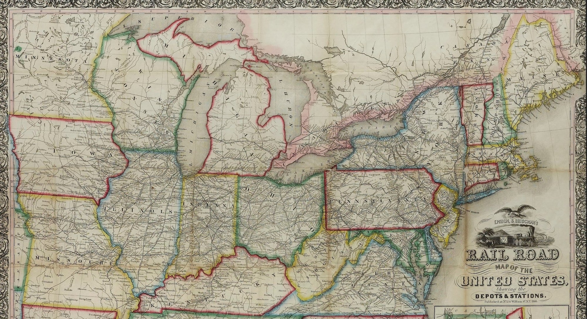 1866 "Ensign & Bridgman's Rail Road Map of the United States, showing